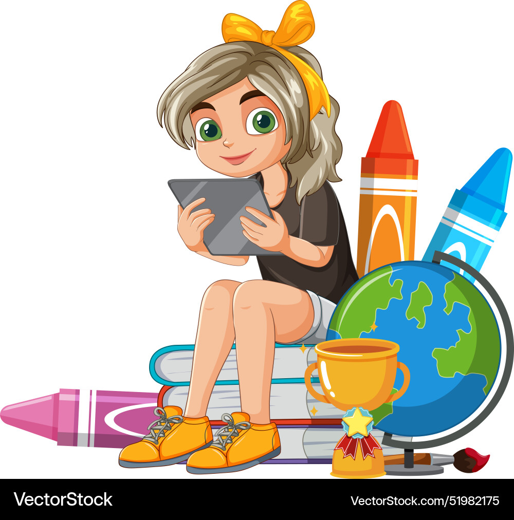 Girl using tablet surrounded by school items Vector Image