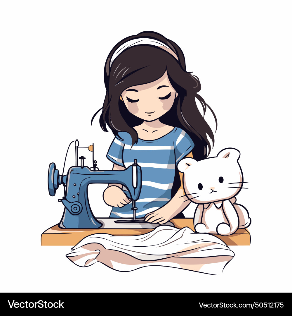Little girl sewing with a machine Royalty Free Vector Image
