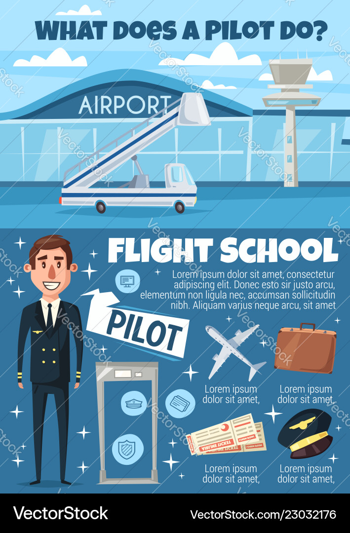 Flight school invitation with pilot and airport Vector Image