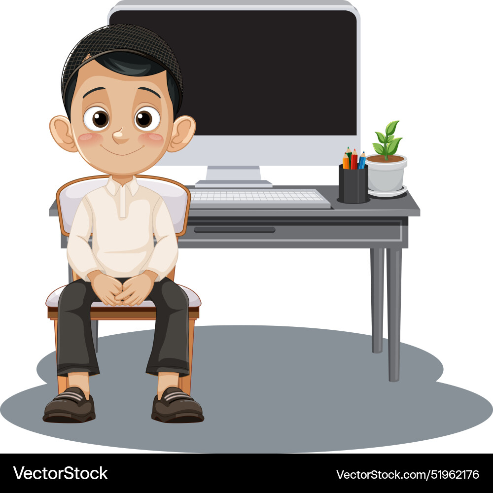 Junge Junge sitzt vor dem Computertisch Lizenzfreier Vektor
