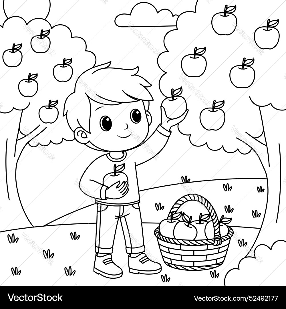 Child picking apples from a tree outline coloring Vector Image