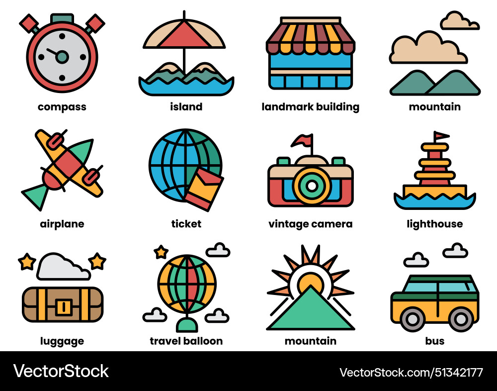 Image is a collection of various travel-related Vector Image