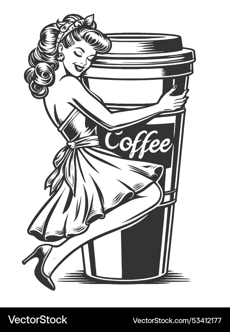 Pin-up woman hugging giant coffee cup Royalty Free Vector