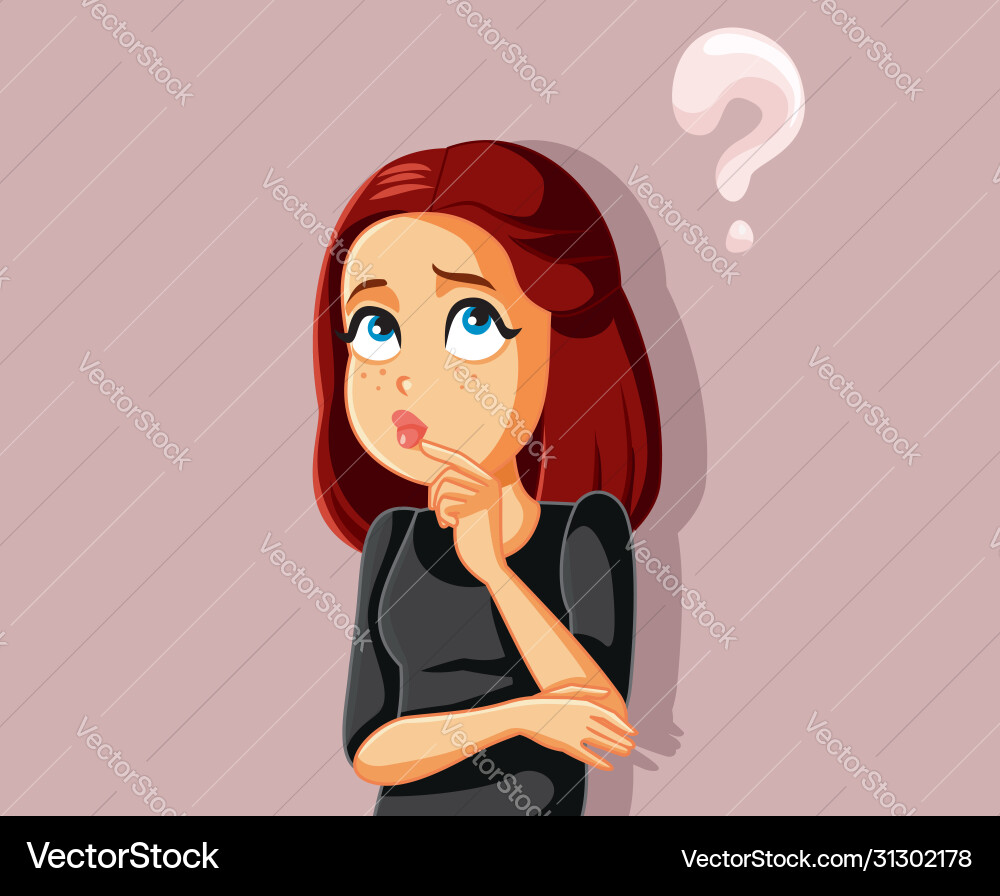 Funny cartoon girl thinking having many questions Vector Image