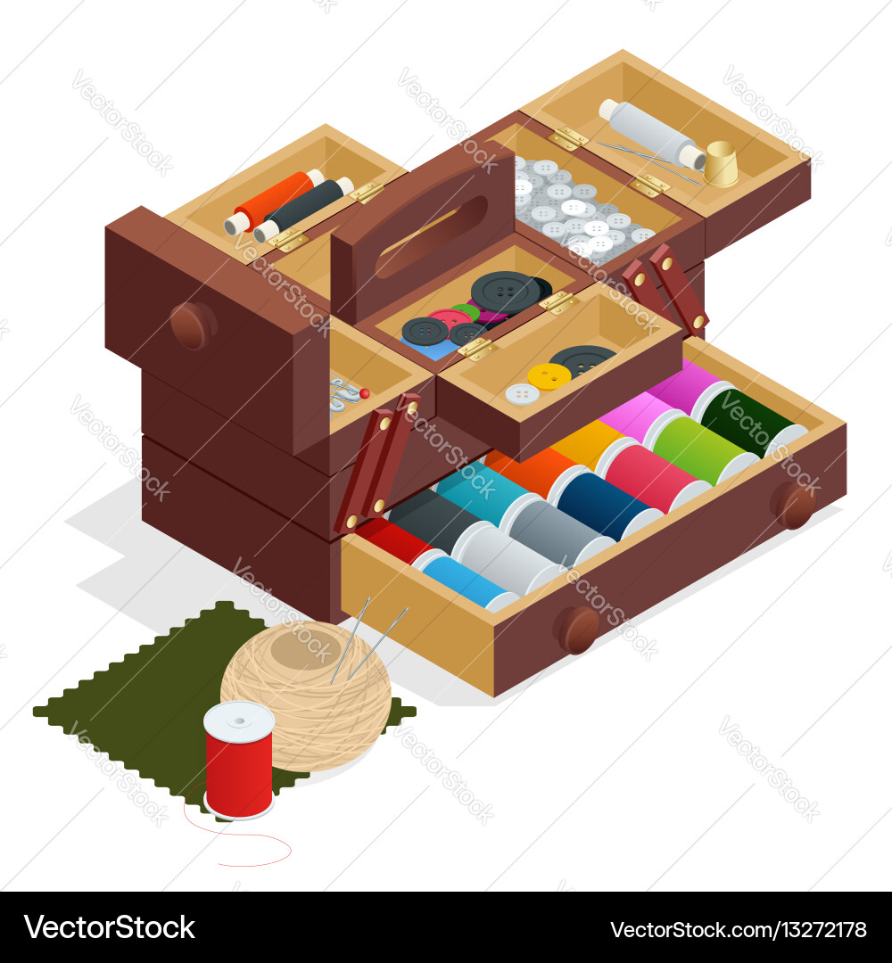 Isometric sewing kit in wooden box isolated Vector Image