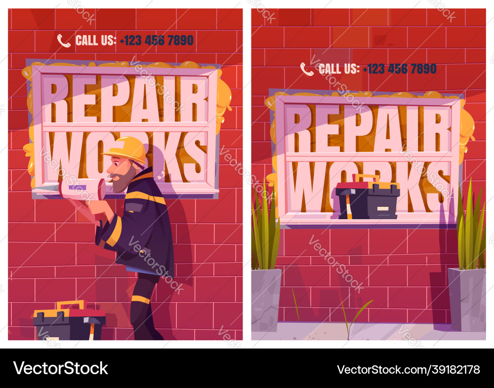 Repair works cartoon ad posters builder with tool Vector Image