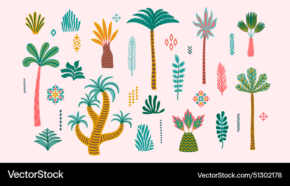 Set of drawn palm trees ethnic abstract Royalty Free Vector