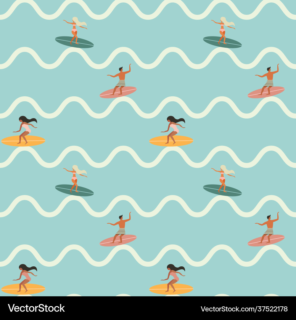 Vintage surfing people on waves seamless pattern Vector Image