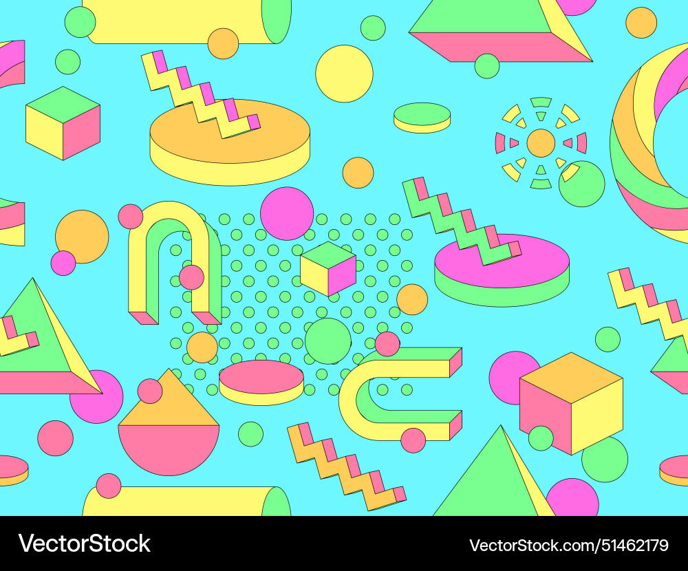 Memphis geometric seamless pattern with 3d shapes Vector Image