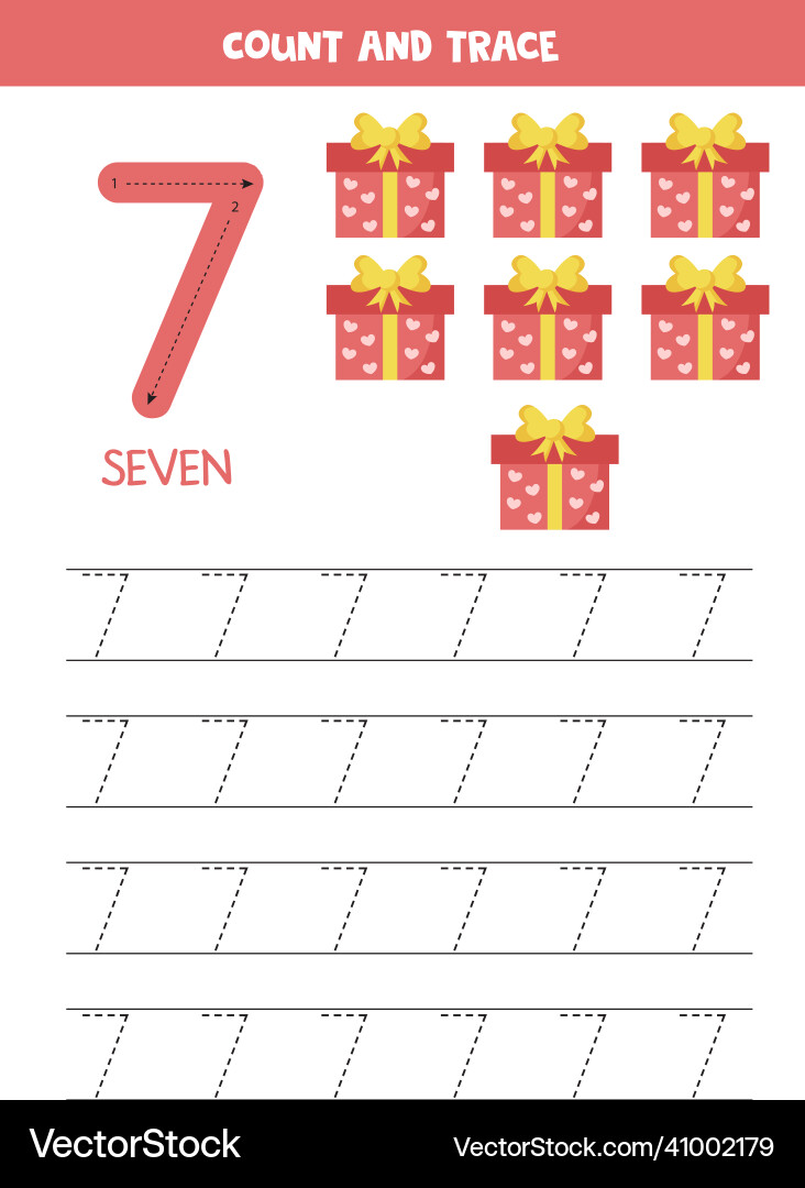 Preschool Number Seven Tracing Worksheet Vector Image