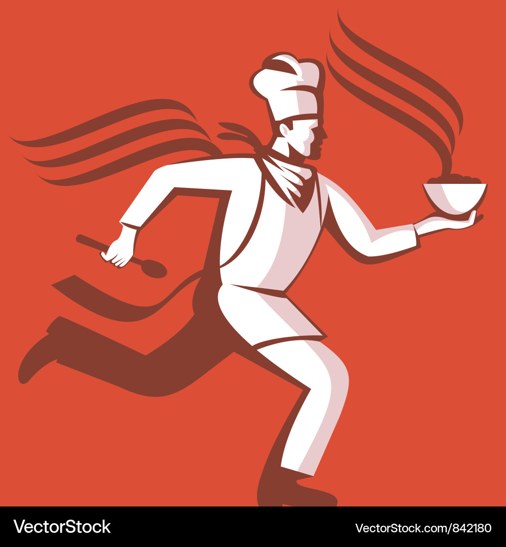 Chef cook baker running with soup bowl Royalty Free Vector