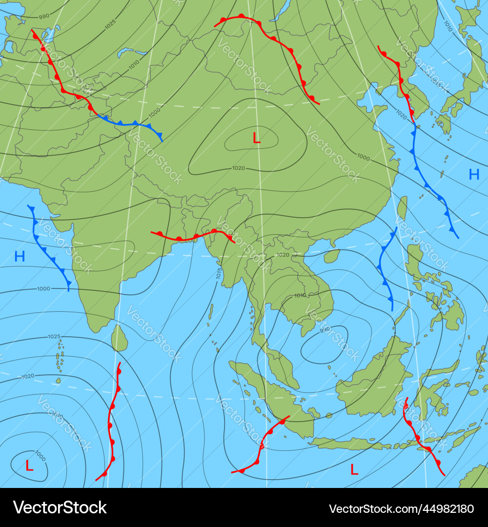 Forecast weather isobar map of asia wind fronts Vector Image