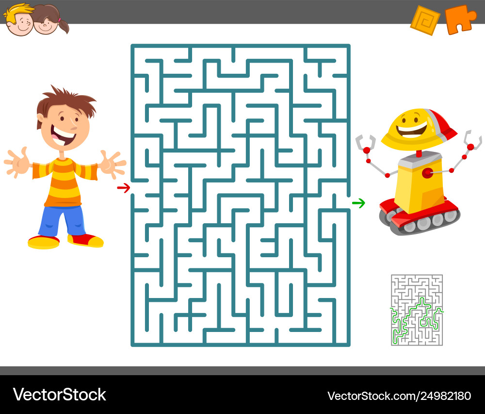 Maze game with cartoon boy and toy robot Vector Image