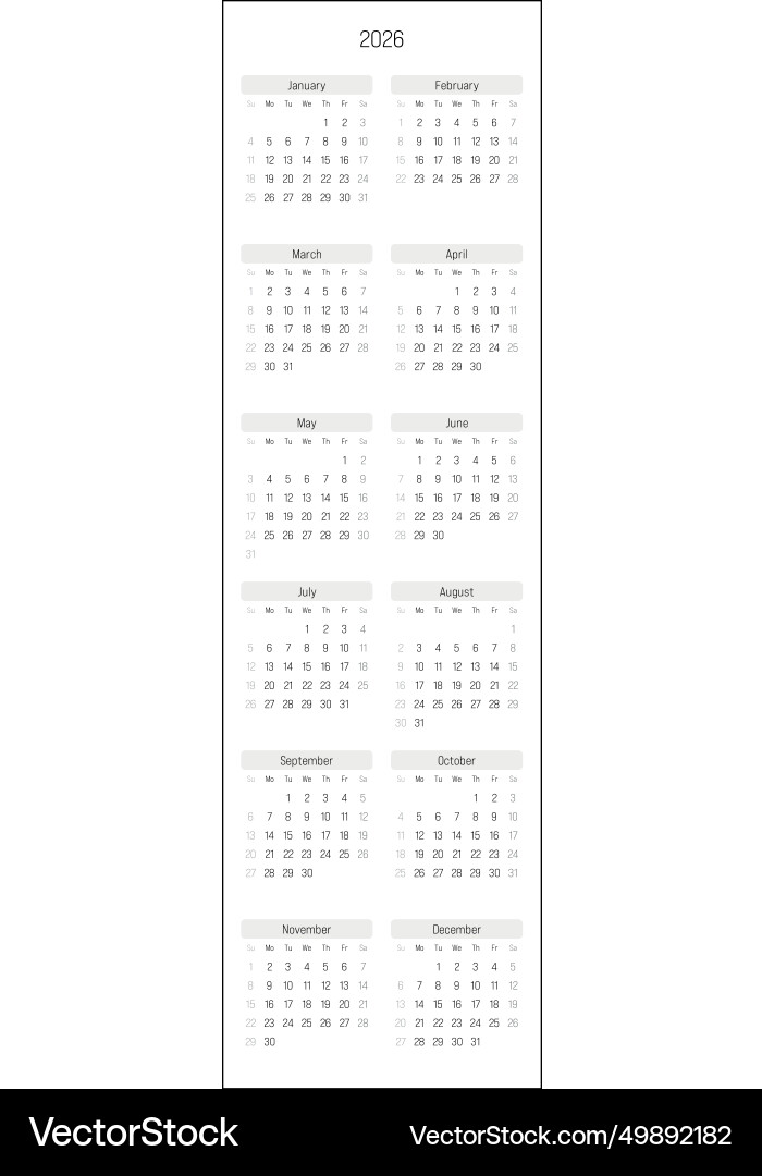 2026 Monthly Calendar Royalty Free Vector Image