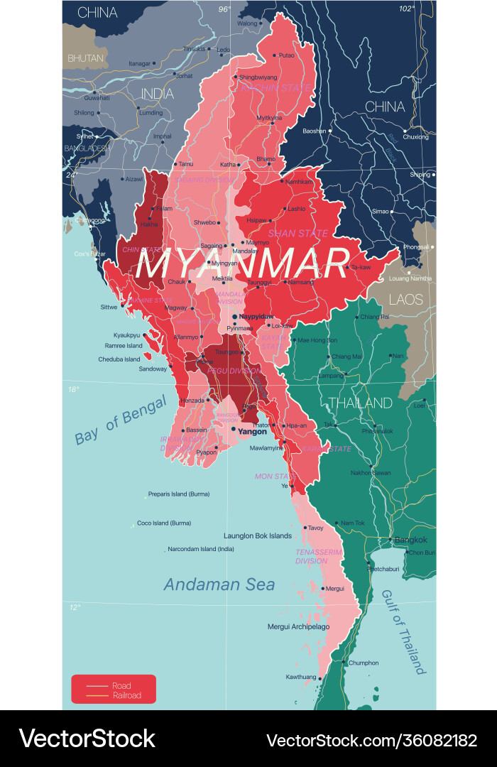 Myanmar Land detaillierte Karte Lizenzfreies Vektorbild