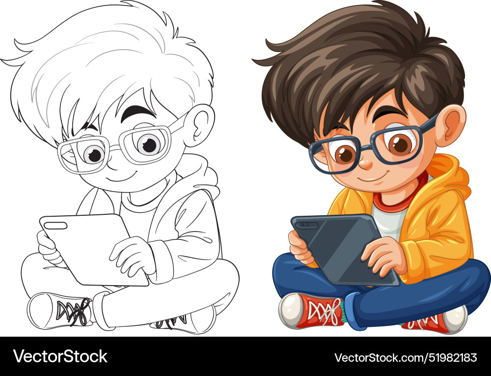 A Boy Using Tablet Wearing Glasses Royalty Free Vector Image