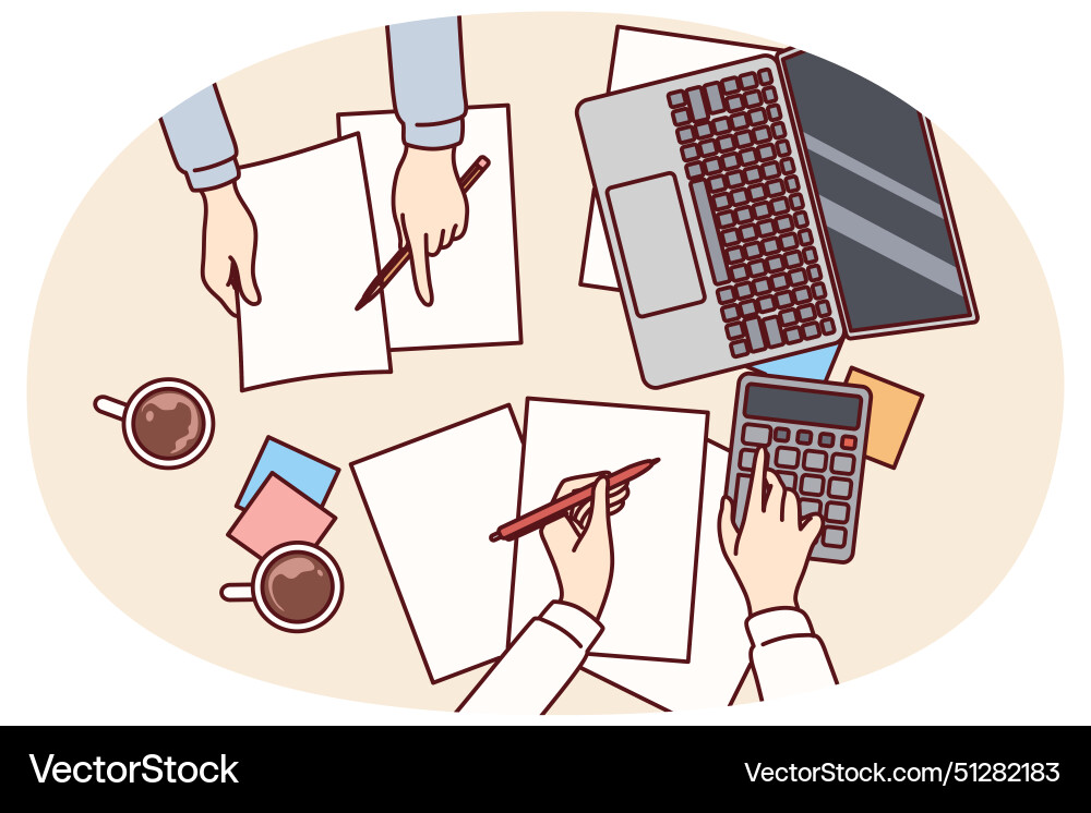 Hands of accountants doing financial accounting Vector Image