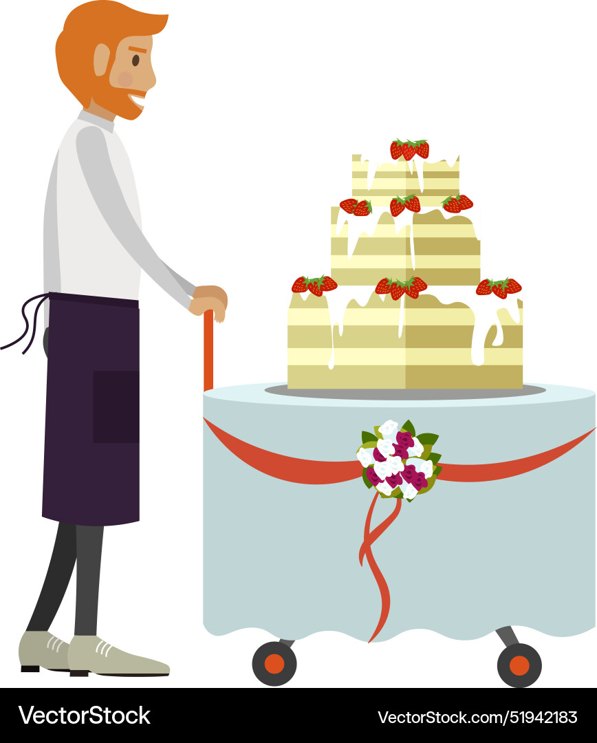Waiter bringing wedding cake icon isolated Vector Image