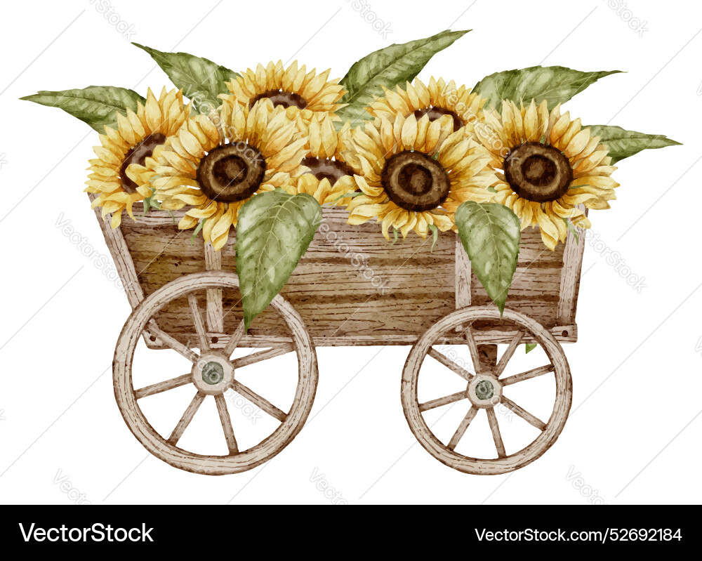 Rustic Wooden Cart with Sunflowers Royalty Free Vector Image