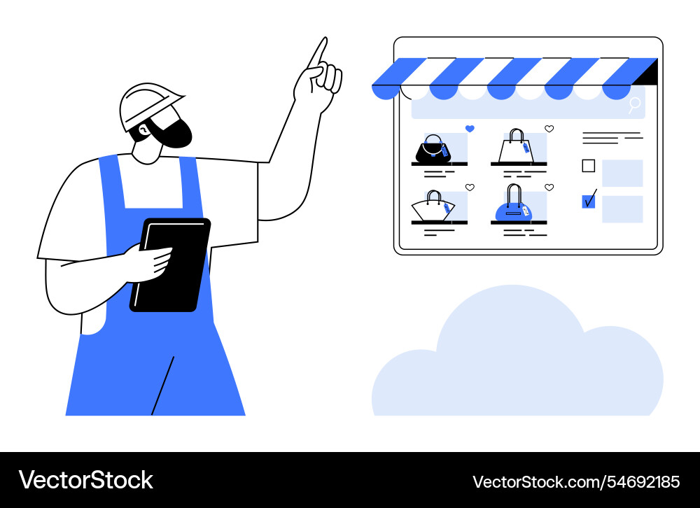 Construction worker reviewing online storefront Vector Image