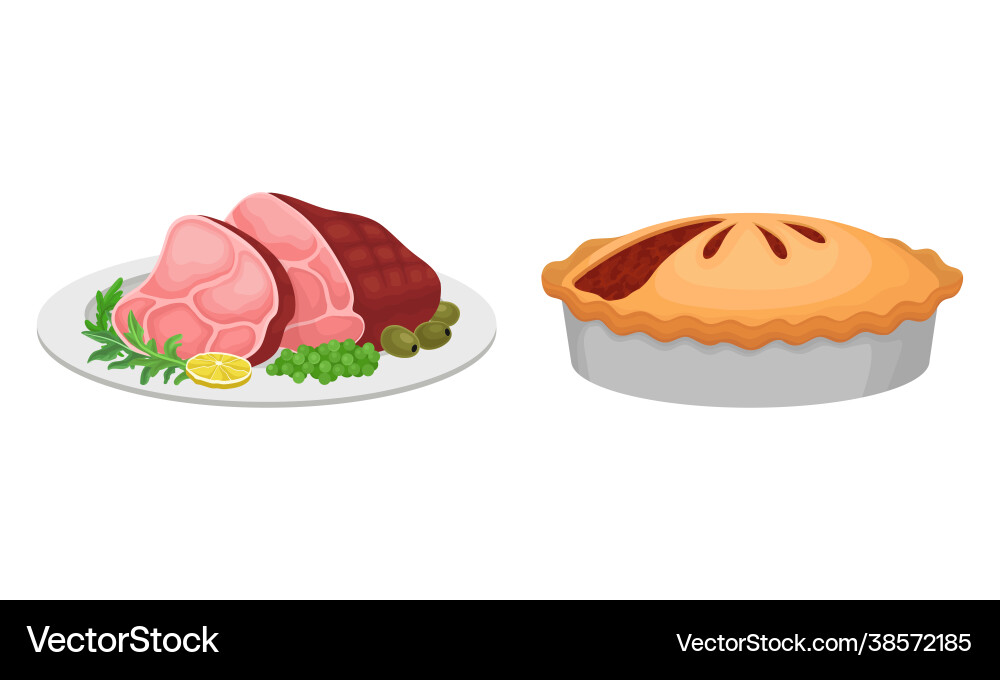 Meat dish with bacon and baked pie savory Vector Image