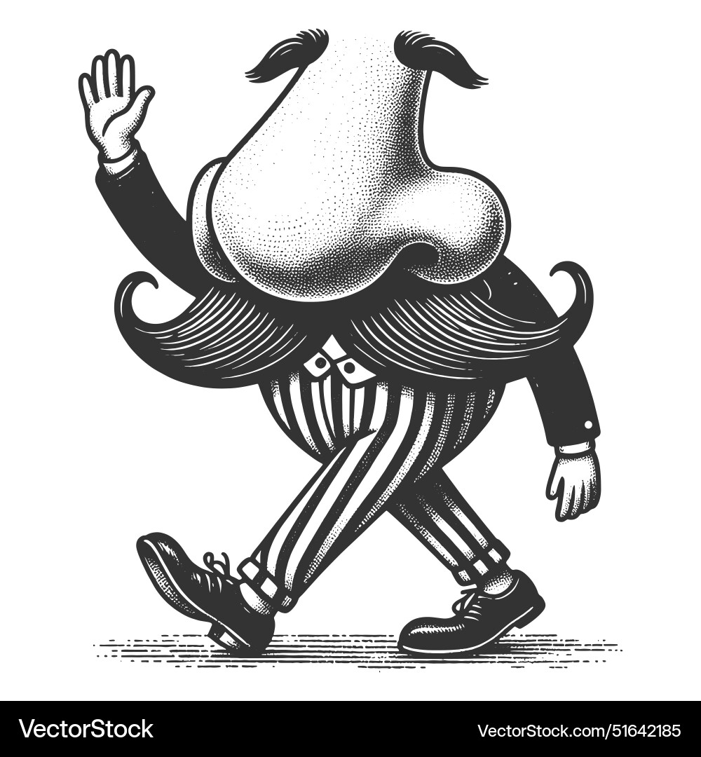 Walking nose with mustache engraving Royalty Free Vector