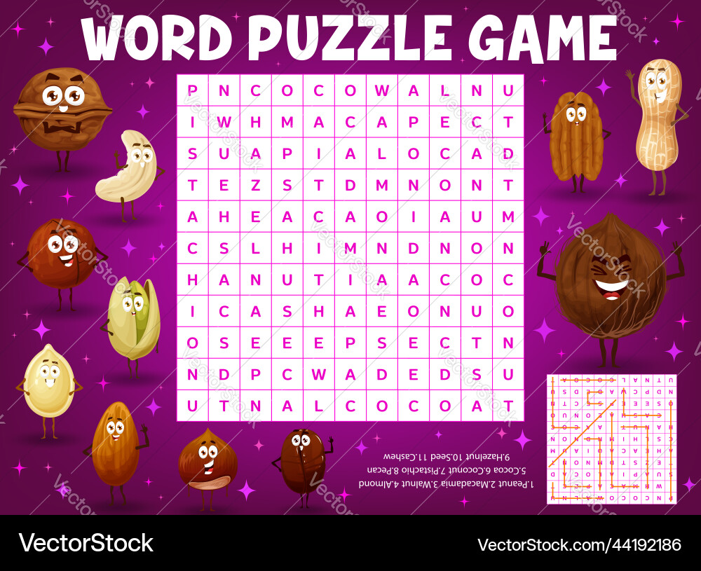 Cartoon nuts characters word search puzzle game Vector Image