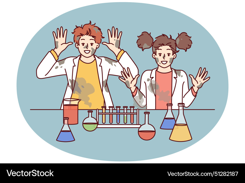 Funny children in laboratory raise hands after Vector Image
