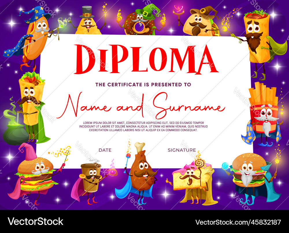 Kids Fast Food Wizard Graduation Royalty Free Vector Image