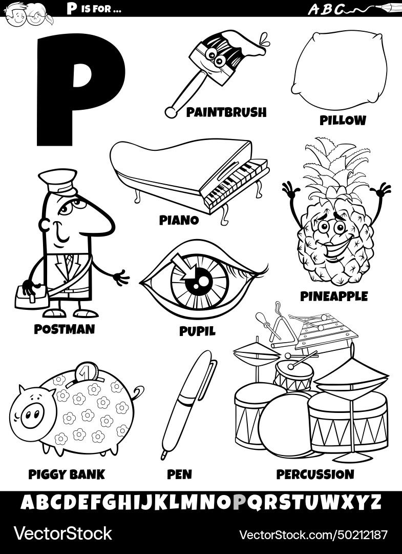 Letter p set with cartoon objects and characters Vector Image