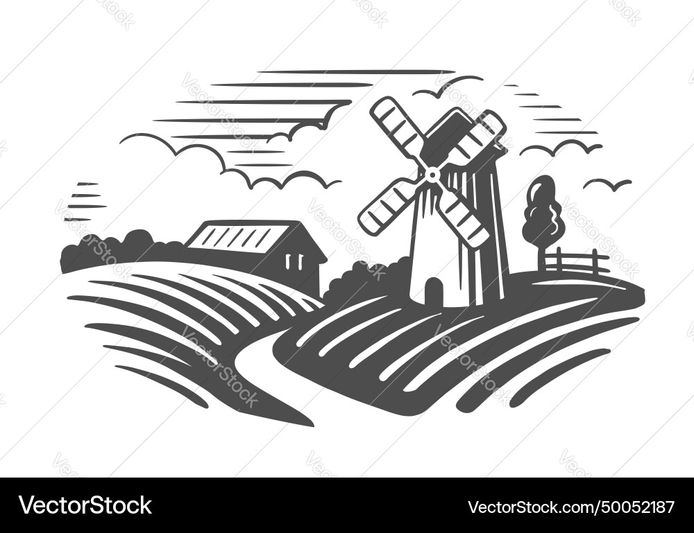 Village logo template retro mill and house Vector Image