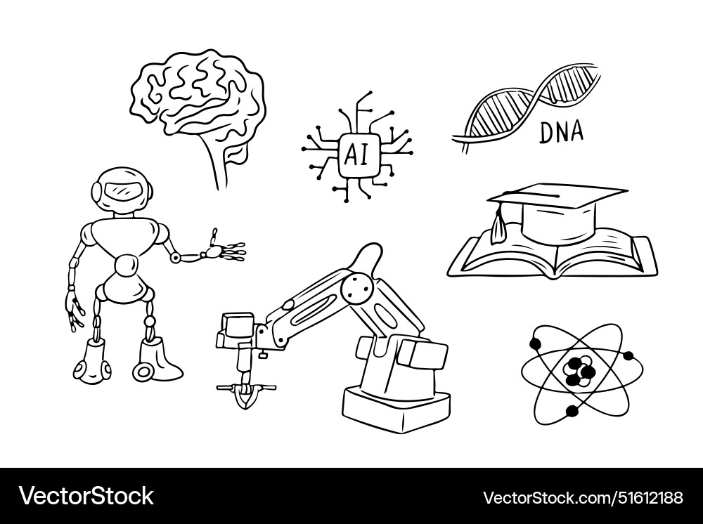 Science contour doodle collection with robot Vector Image
