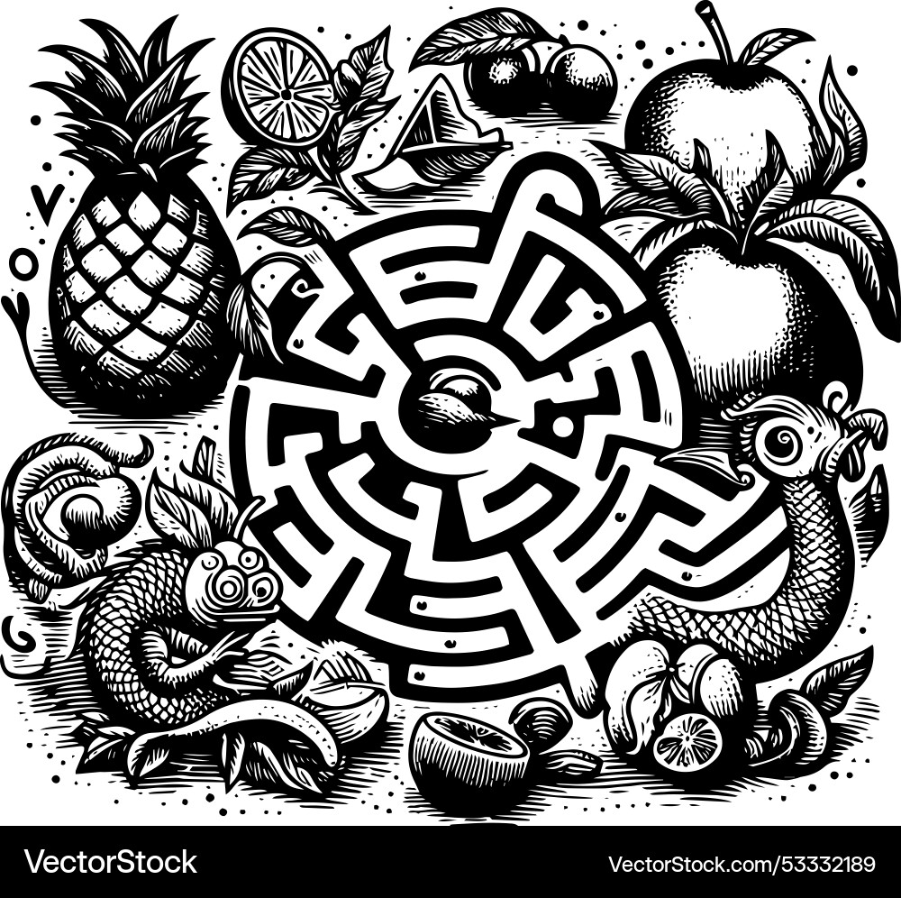 Intricate maze surrounded by fruits and creatures Vector Image