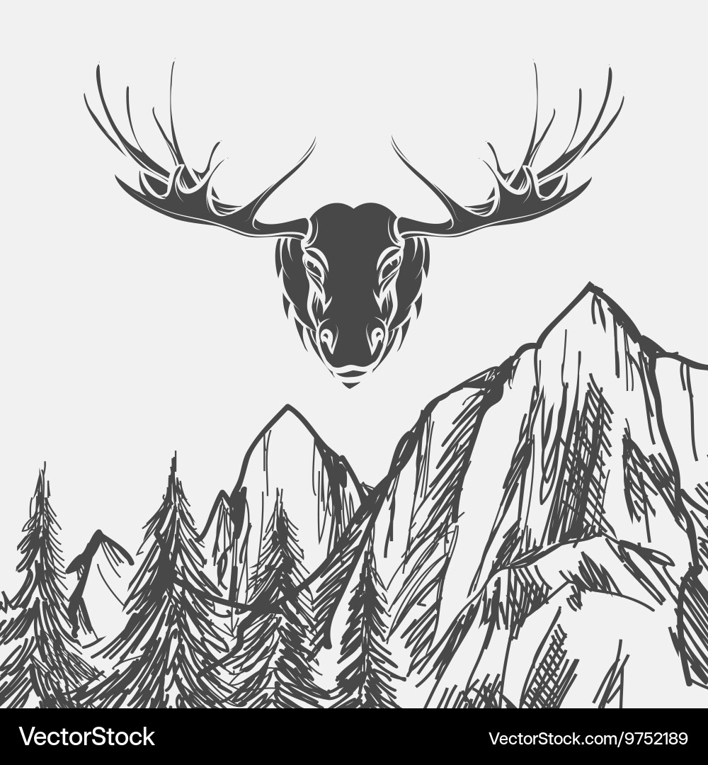 Nature background with forest and elk Royalty Free Vector