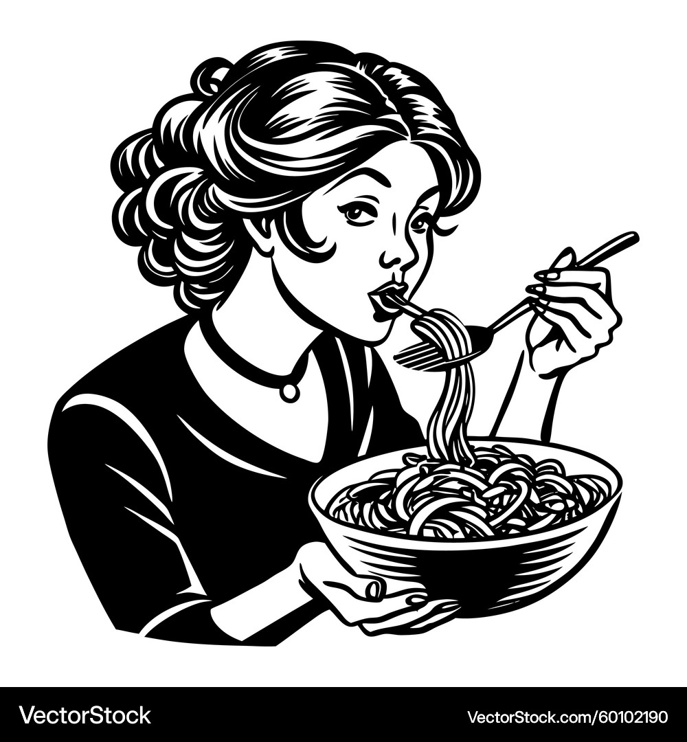 Retro Woman Eating Pasta – Royalty-Free Vector | VectorStock