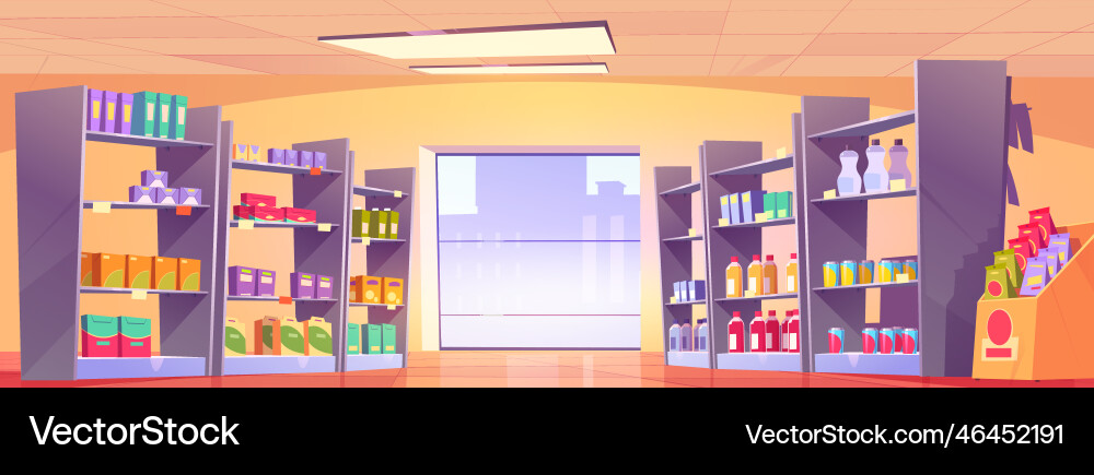 Cartoon supermarket aisle with large window Vector Image