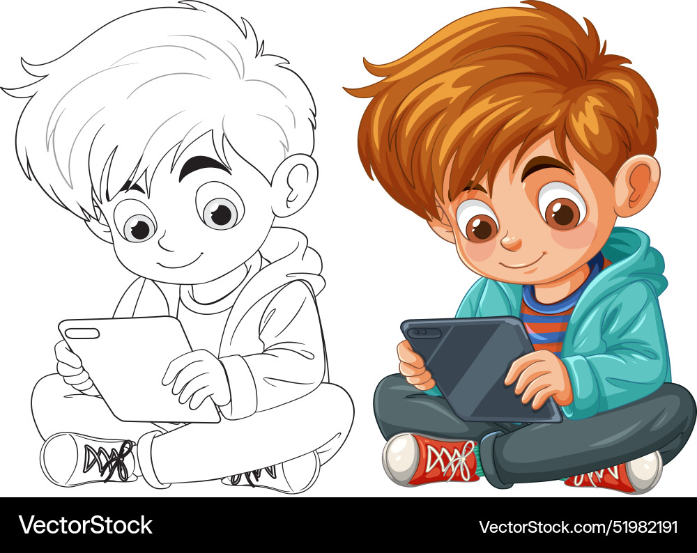 Child enjoying a digital device sitting Royalty Free Vector