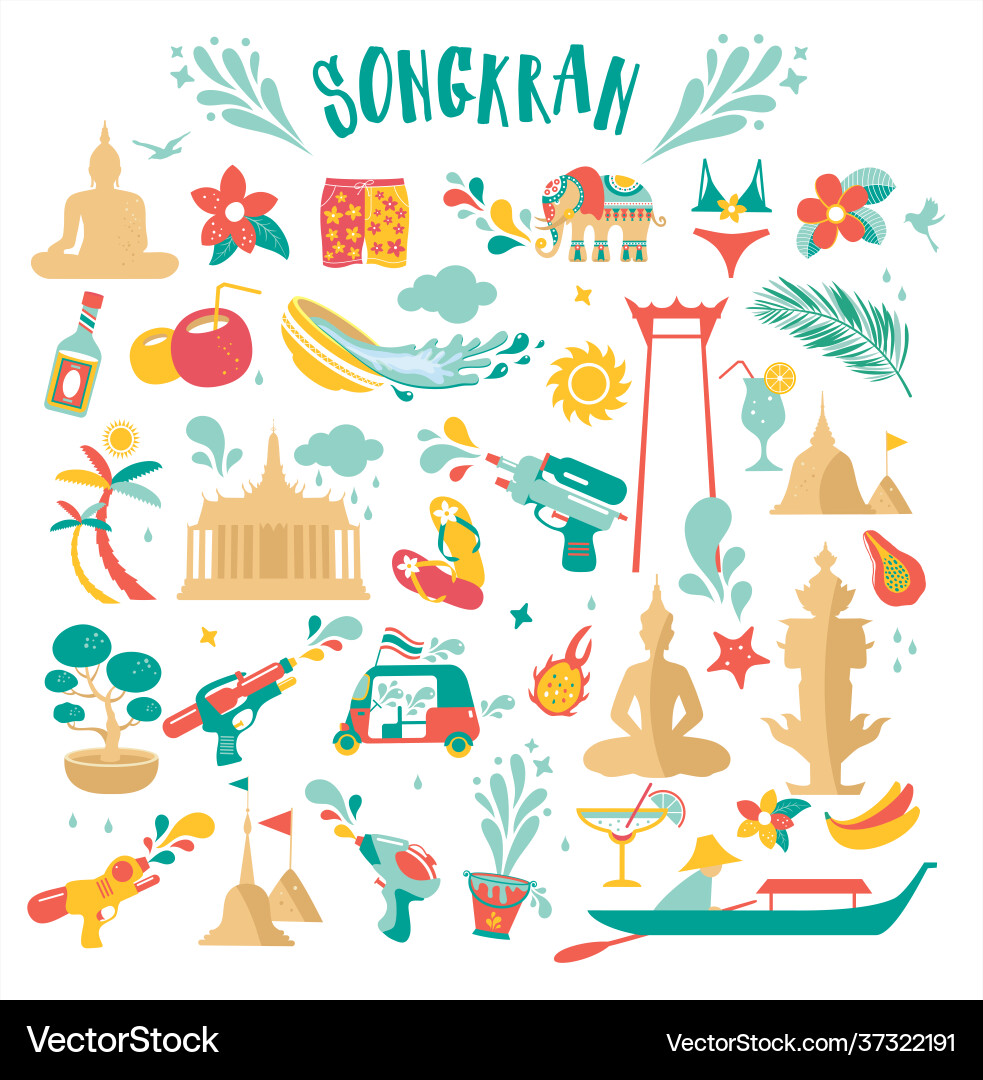Songkran celebration party set icons Royalty Free Vector