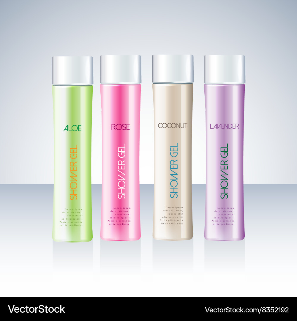 Bottles with sample labels for shower gel Vector Image