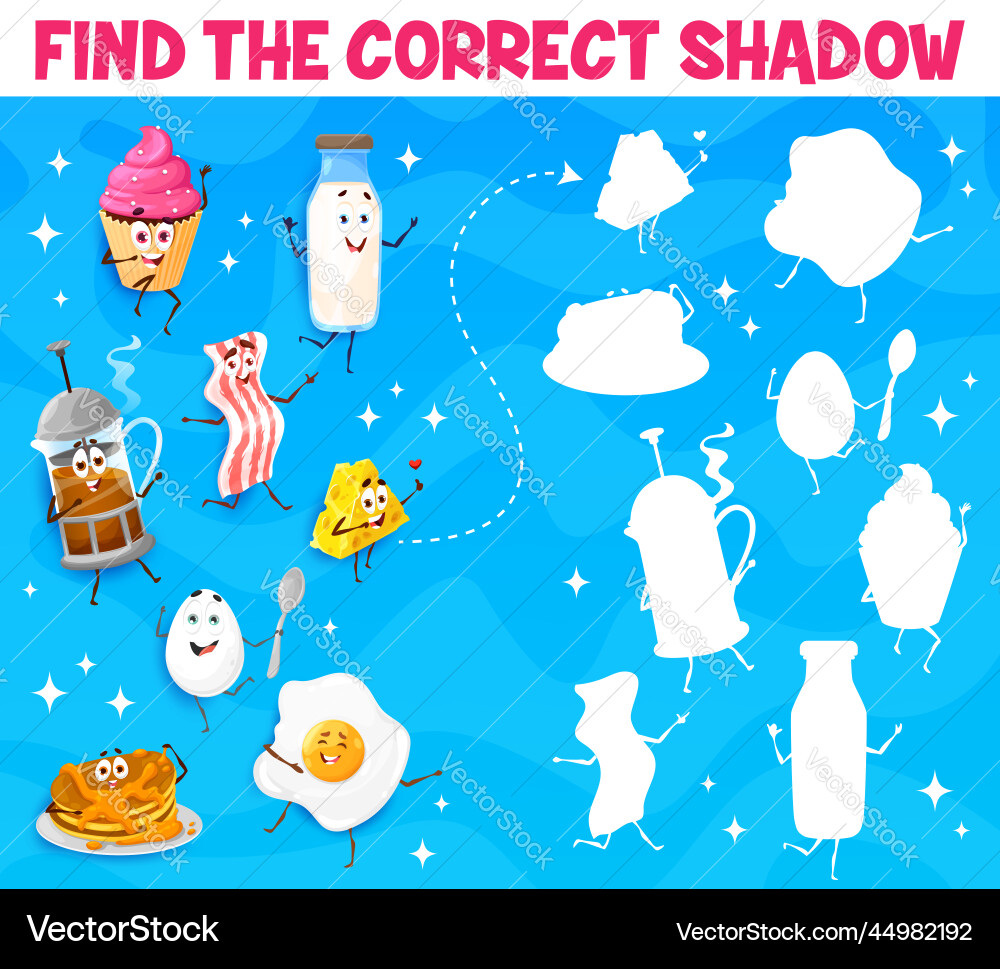 Find correct shadow of breakfast food characters Vector Image