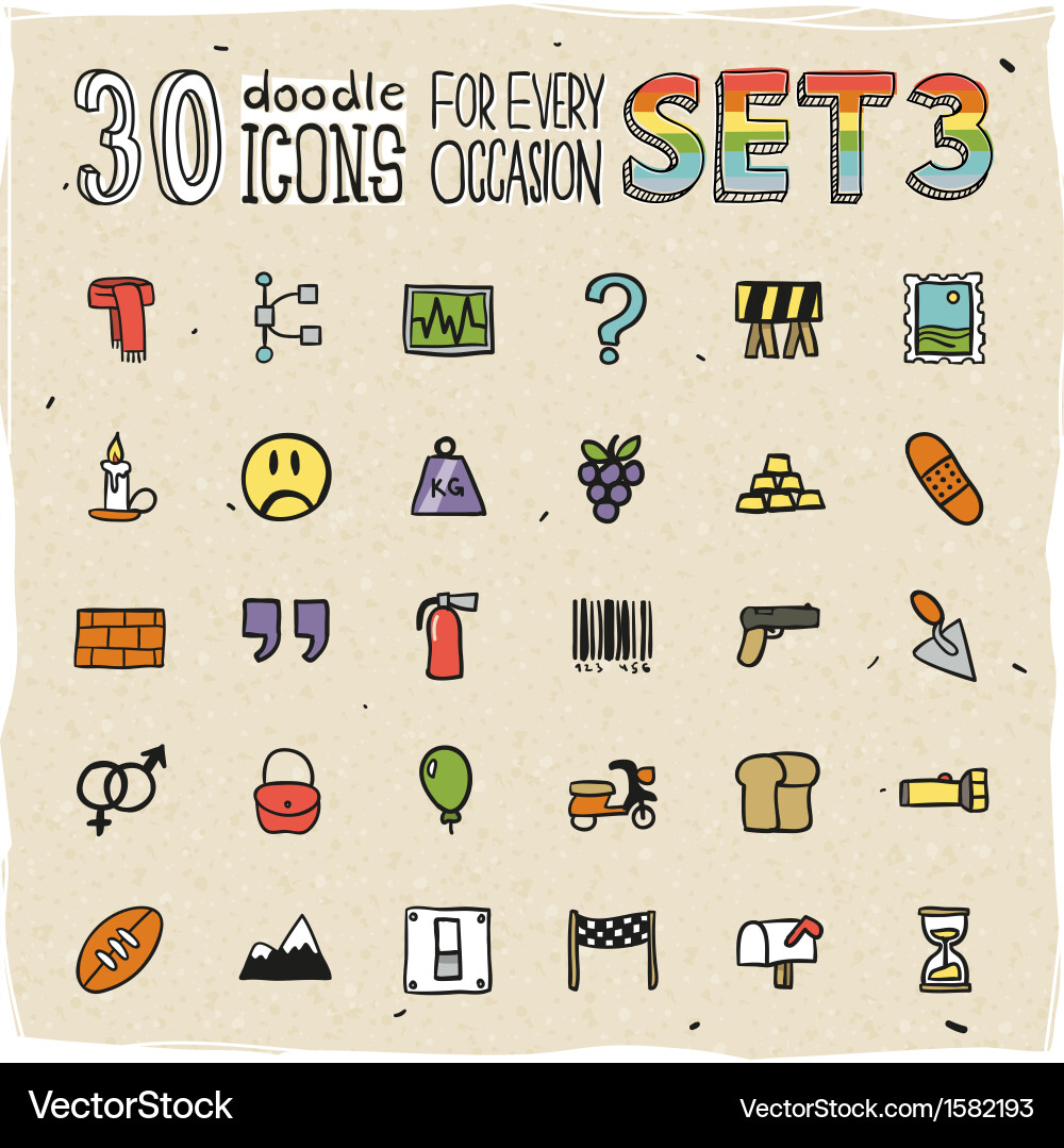 30 colorful doodle icons set 3 Royalty Free Vector Image