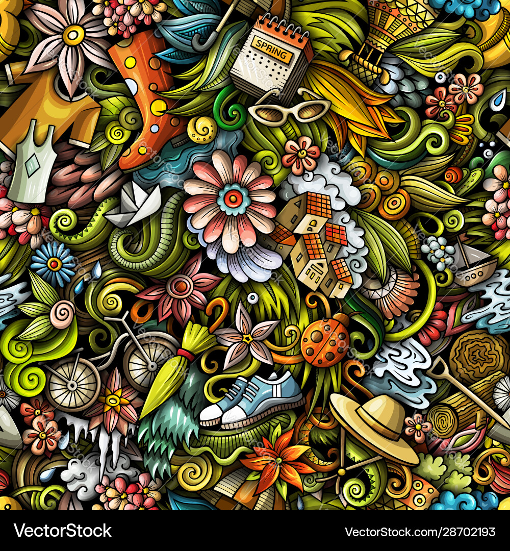 Cartoon cute doodles hand drawn spring seamless Vector Image