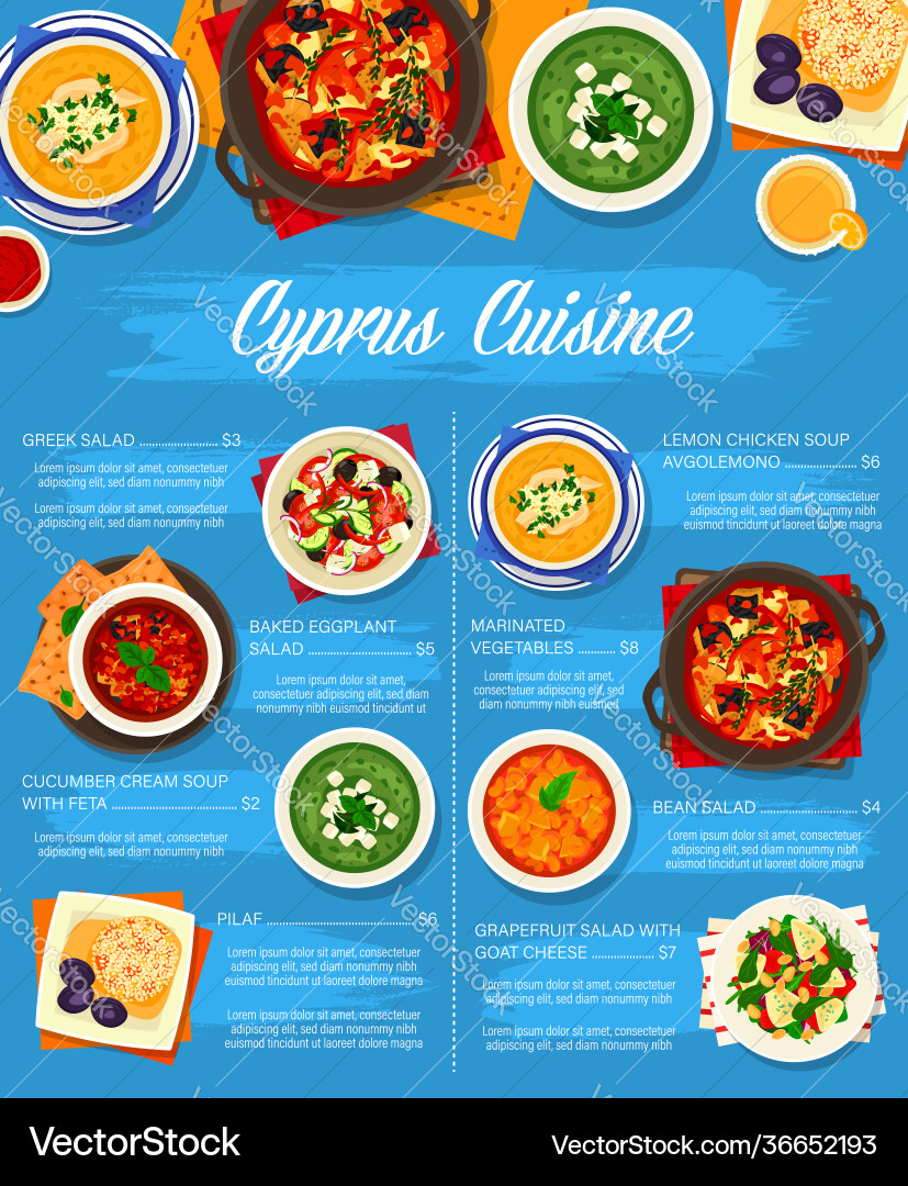 Cyprus cuisine menu cypriot cafe meals Royalty Free Vector
