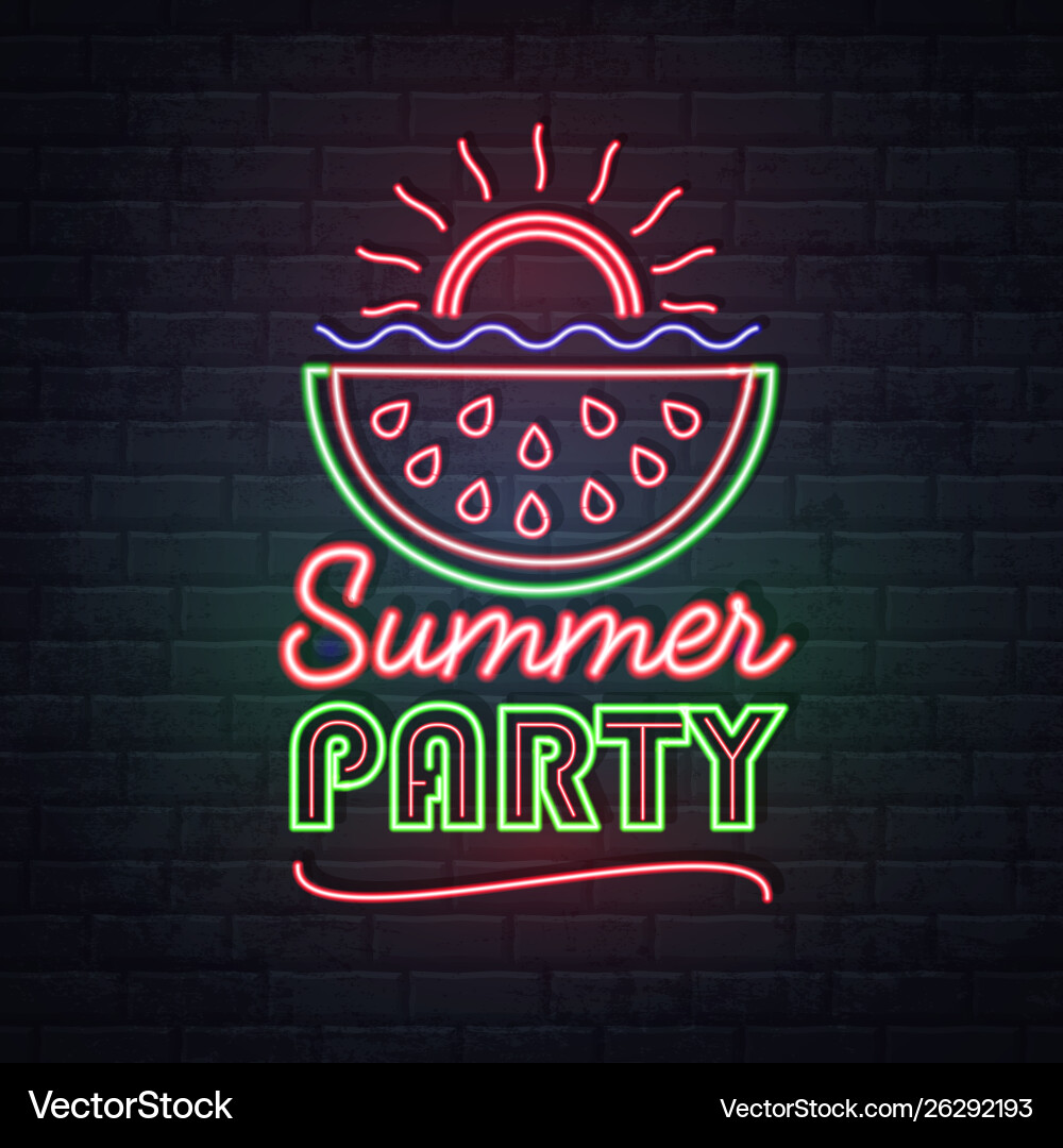 Neon sign summer party with watermelon Royalty Free Vector