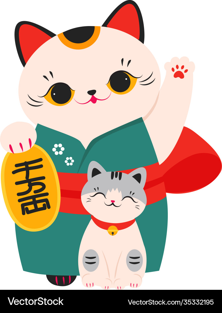 Japanese maneki neko white cat and kitten Vector Image