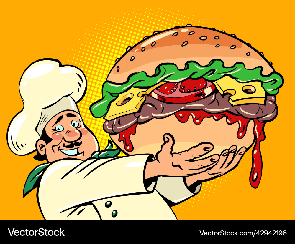 Chef with a huge burger fast food street Vector Image