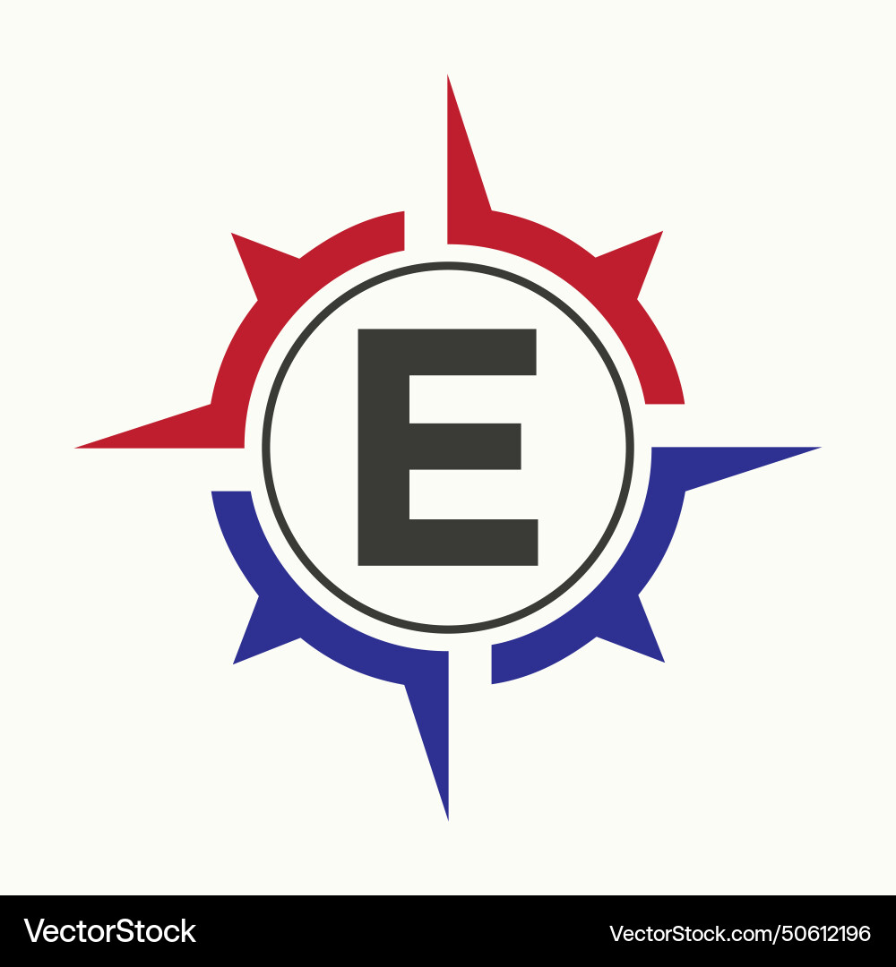 Compass logo on letter e alphabet navigator symbol