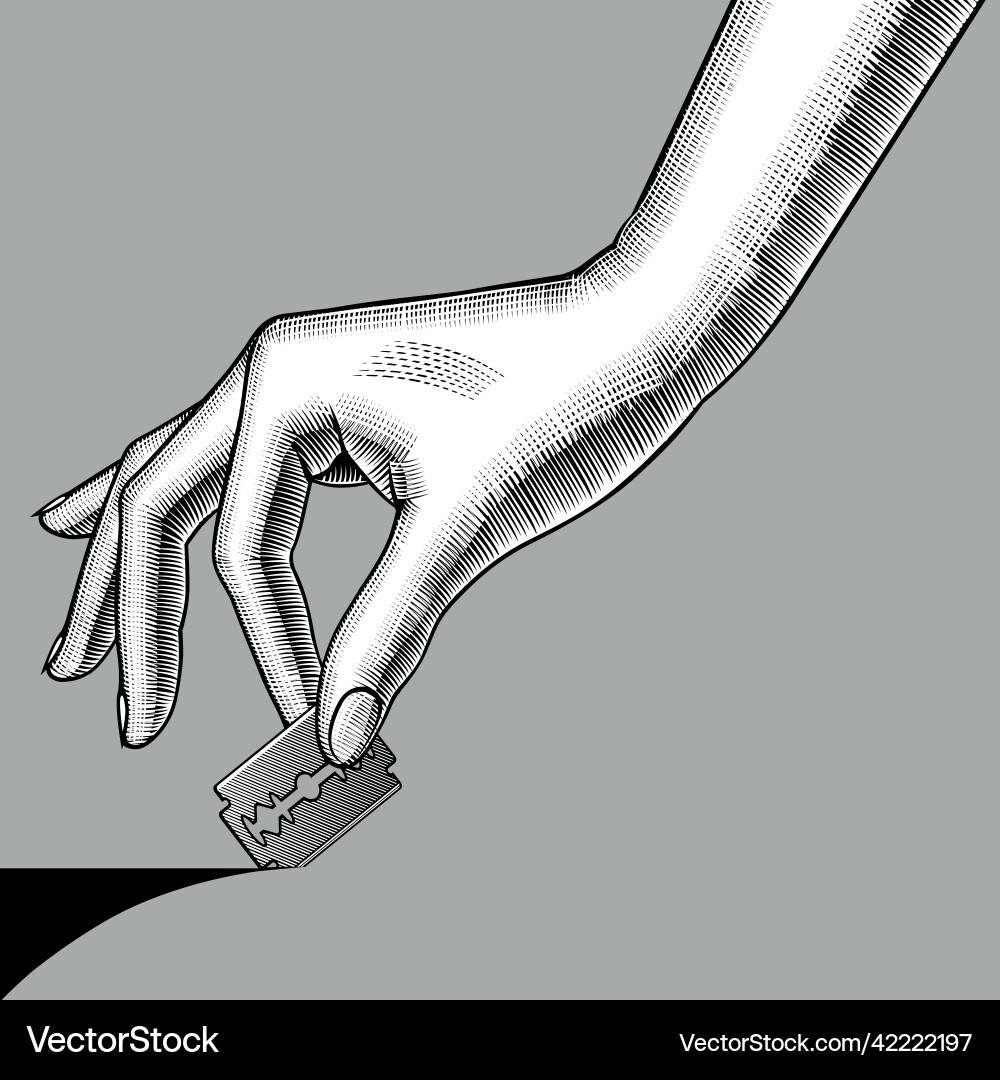 Female hand cutting the surface with a razor blade