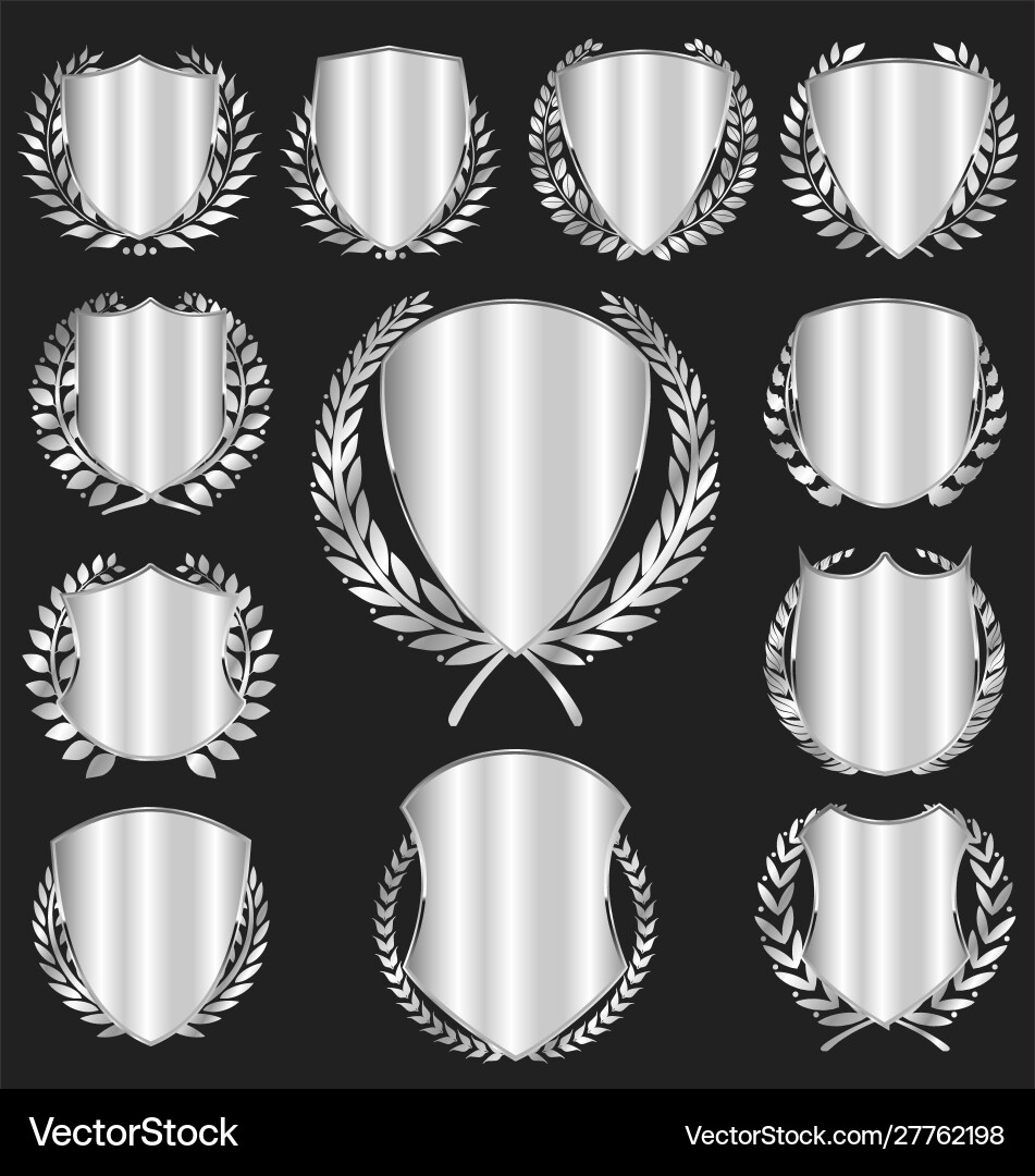 Silver shields collection on black background Vector Image