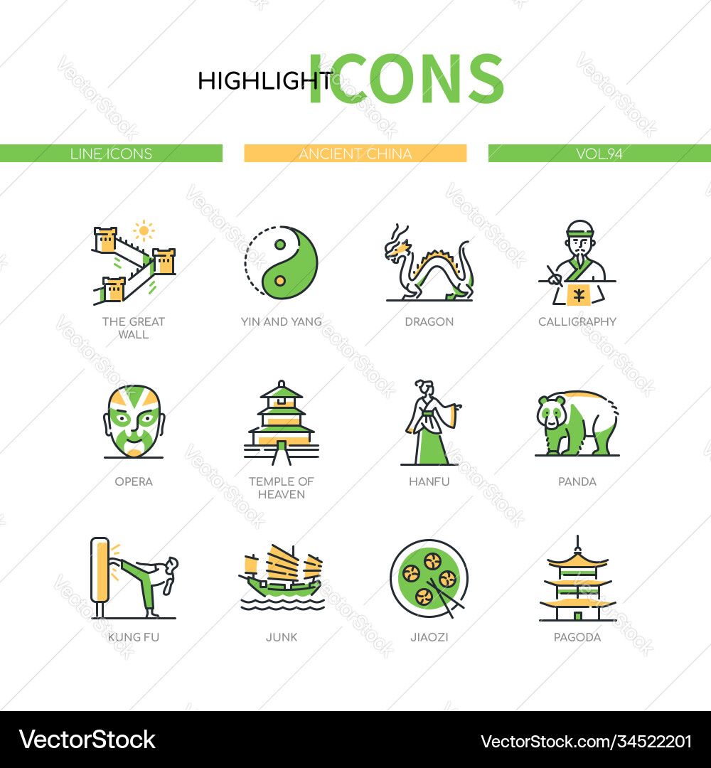 Ancient china - modern line design style icons set